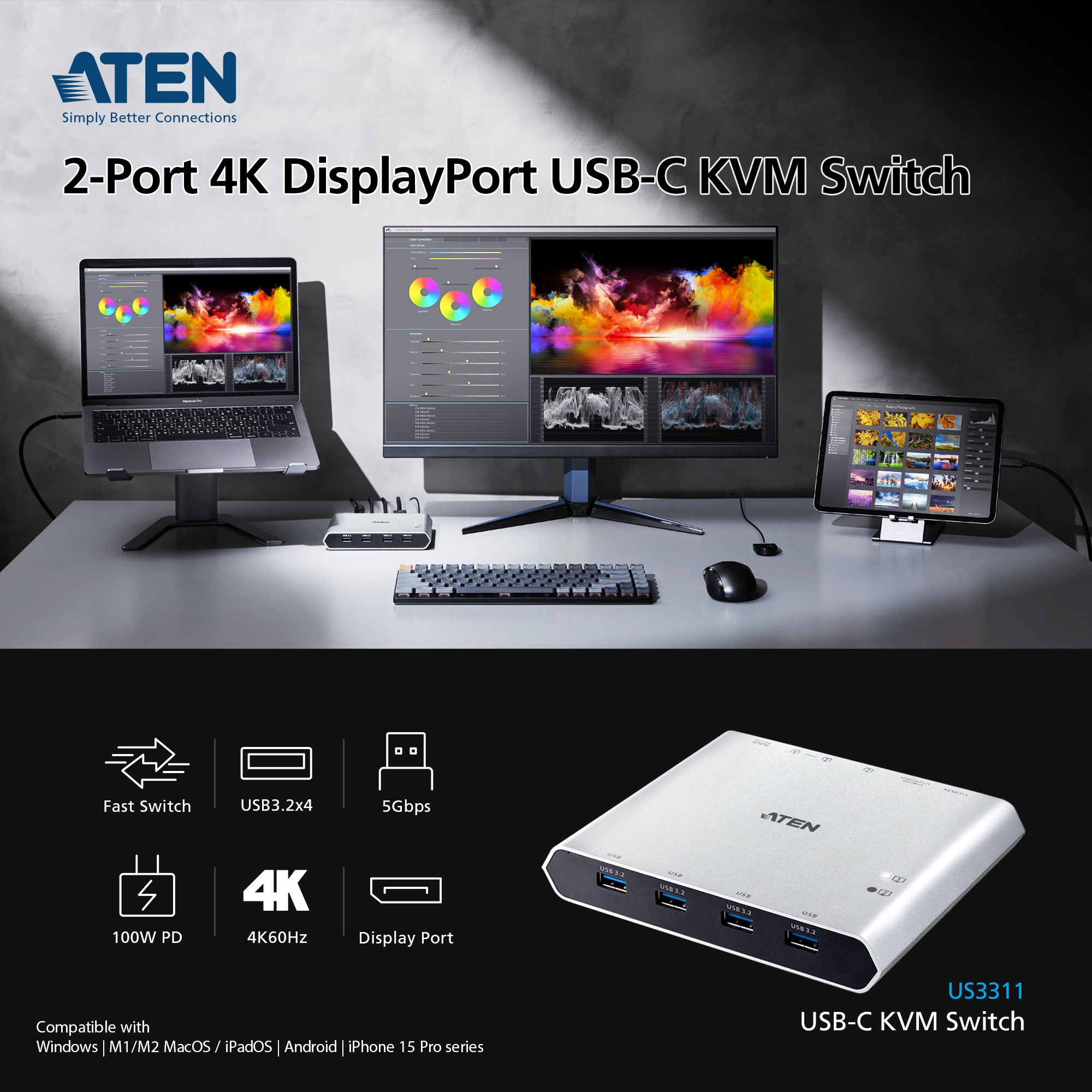 2-Port 4K DisplayPort USB-C KVM Switch with Power Pass-through - US3311, ATEN Desktop KVM ...